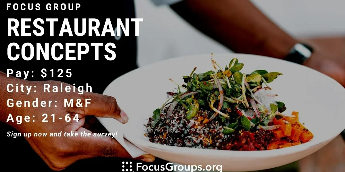 Focus Group on Restaurant Concepts in Raleigh - $125 - 12/11/2022