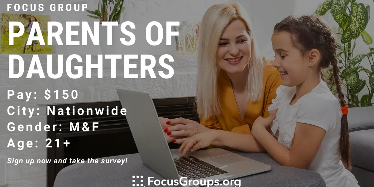 Focus Group for Parents of Daughters - $150 - $300 - 12/22/2021