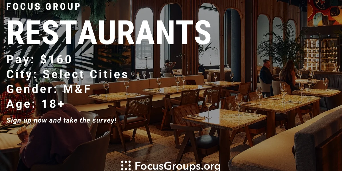 Focus Group on Restaurants - $160 - 06/01/2023